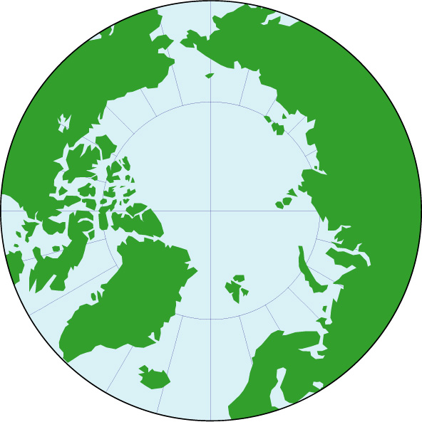 Orthographic projection map (Arctic center)